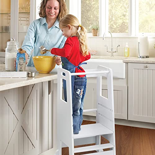 Kid's Wooden Kitchen Step Stool, 220lbs Capacity, Adjustable Platform Standing Tower, with Safety Guardrail Child Studying Tower, Toddler Stool for Bathroom, Cooking Helper(White
