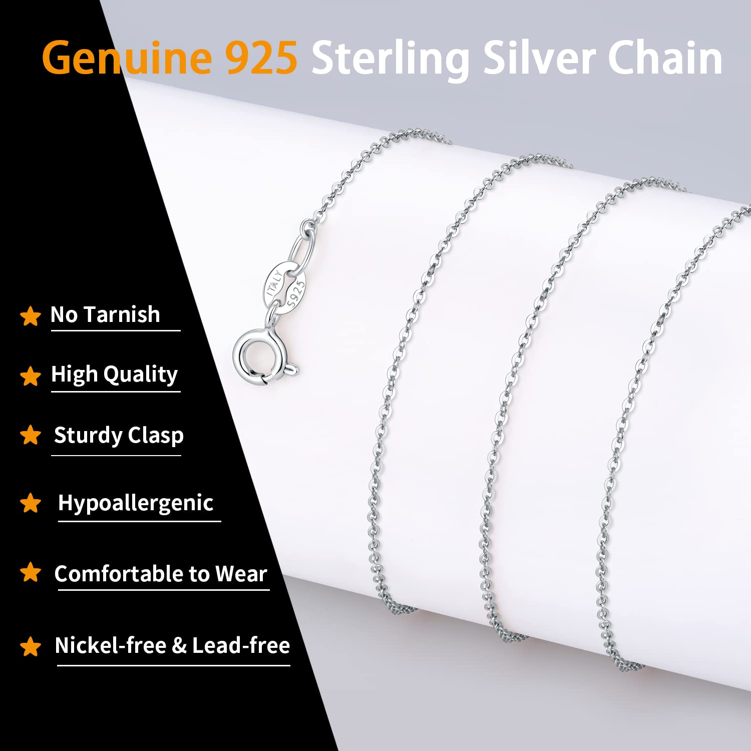 Jewlpire Solid 925 Sterling Silver Chain Necklace for Women, 1.3mm Round Cable Chain Silver Chain for Women Thin & Dainty & Sturdy Women's Chain Necklaces 18 inch