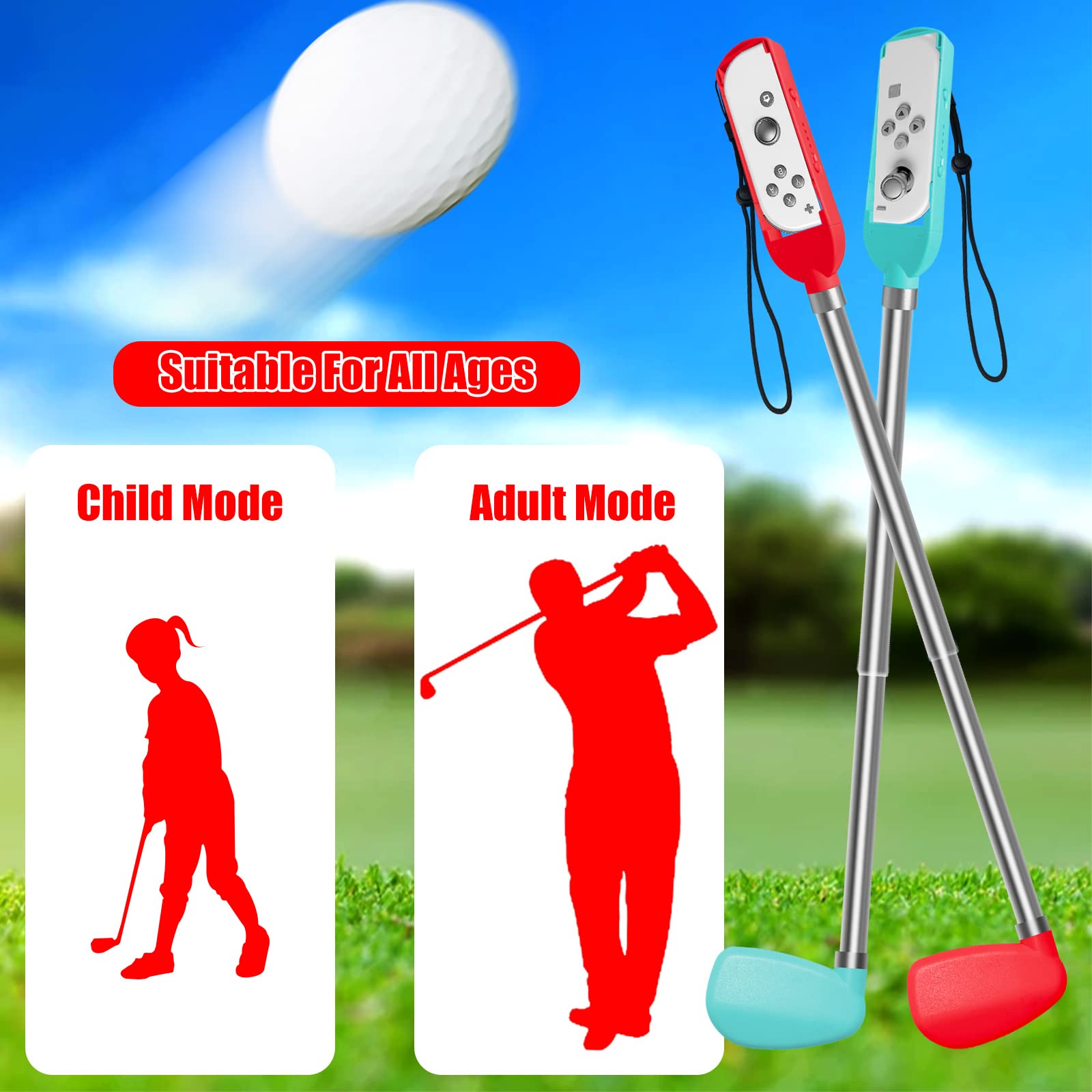 Mario Golf Clubs for Switch/Switch OLED, Adjustable Golf Club for Switch Pressed ZL&ZR with Hand Strip for Controller, Golf Club for Switch Sprots Mario Golf Super Rush 2021 - Red & Blue