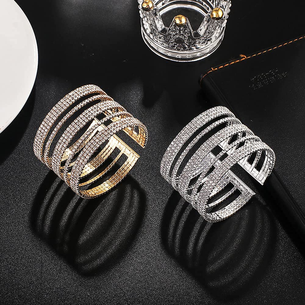 Jojomina Multilayer Sparkling Rhinestone Cuff Bracelet For Women 11 Layers for Women,Crystal Bangle Strand Wrap Bracelet for Party Prom Wedding