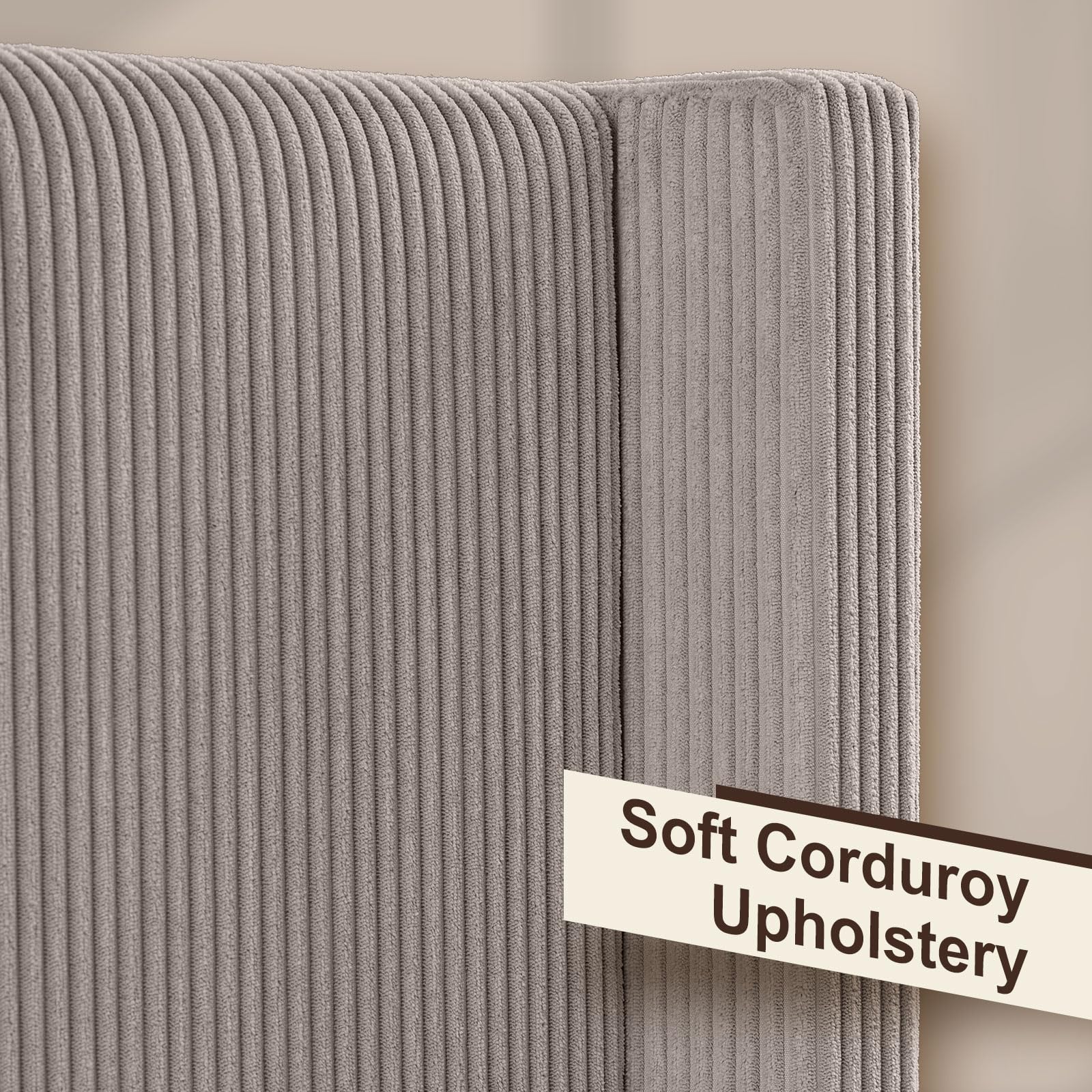 HOWE Queen Size Upholstered Platform Bed Frame, Wingback Bed with 50.8" Headboard, Corduroy/Solid Wood Leg/No Box Spring Needed/Noise Free/Taupe