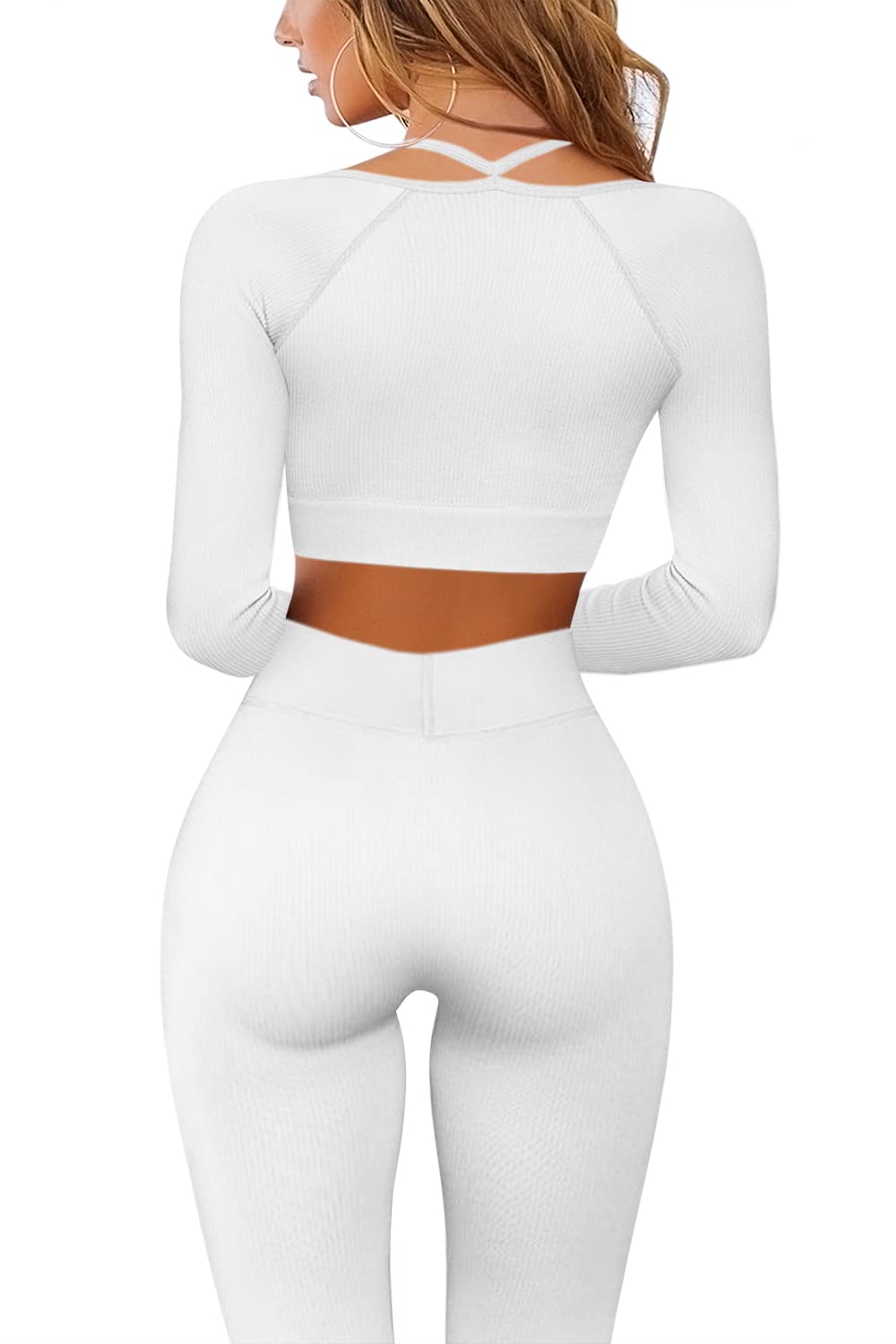 Meyeeka Women's Workout Outfit Sets Halter Strap 2 Piece Yoga Bra Ribbed Seamless High Waist Leggings Matching Sets White S