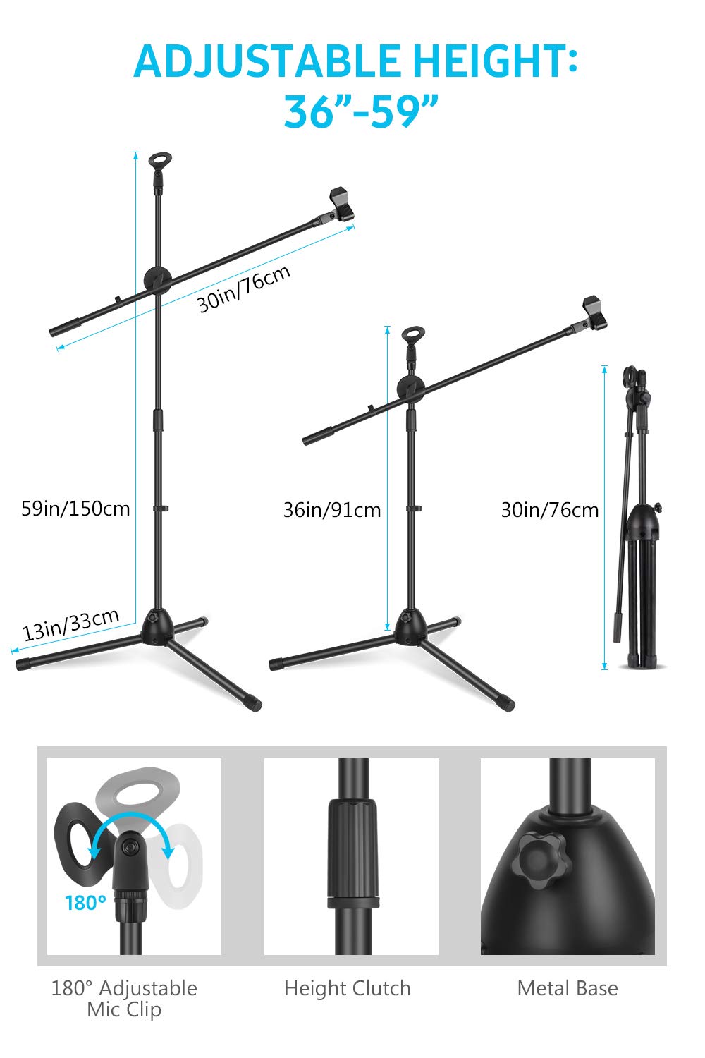 InnoGear Microphone Stand, Foldable Tripod Boom Stand Adjustable Height Heavy Duty Mic Boom Stand with Dual Mic Clip Holders and Metal Base for Singing, Speech, Stage, Outdoor Activities