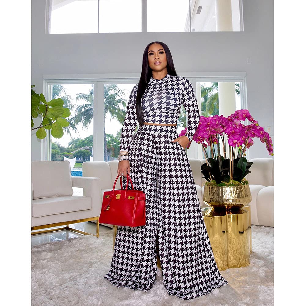 ksotutm 2 Piece Outfits for Women Long Sleeves Round Neck Plaid Short Tshirt High Waist Wide Leg Full Length Pants Set
