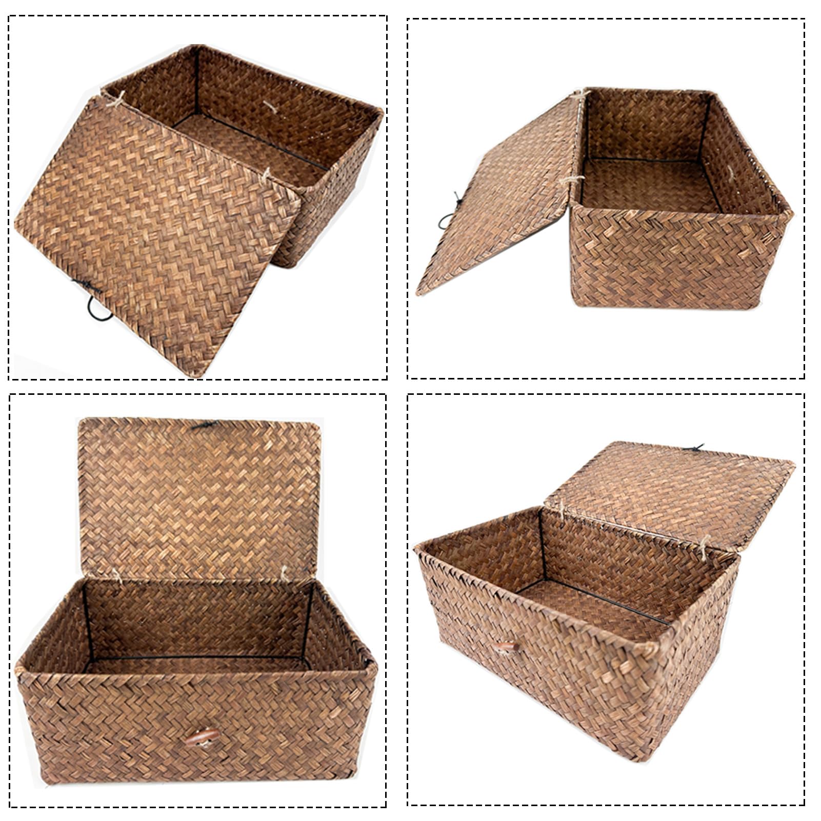 Shelf Storage Baskets with Lid, 2-Pack Wicker Storage Bakset, Woven Seagrass Decorative Boxes Storage Basket, Coffee Large+XLarge