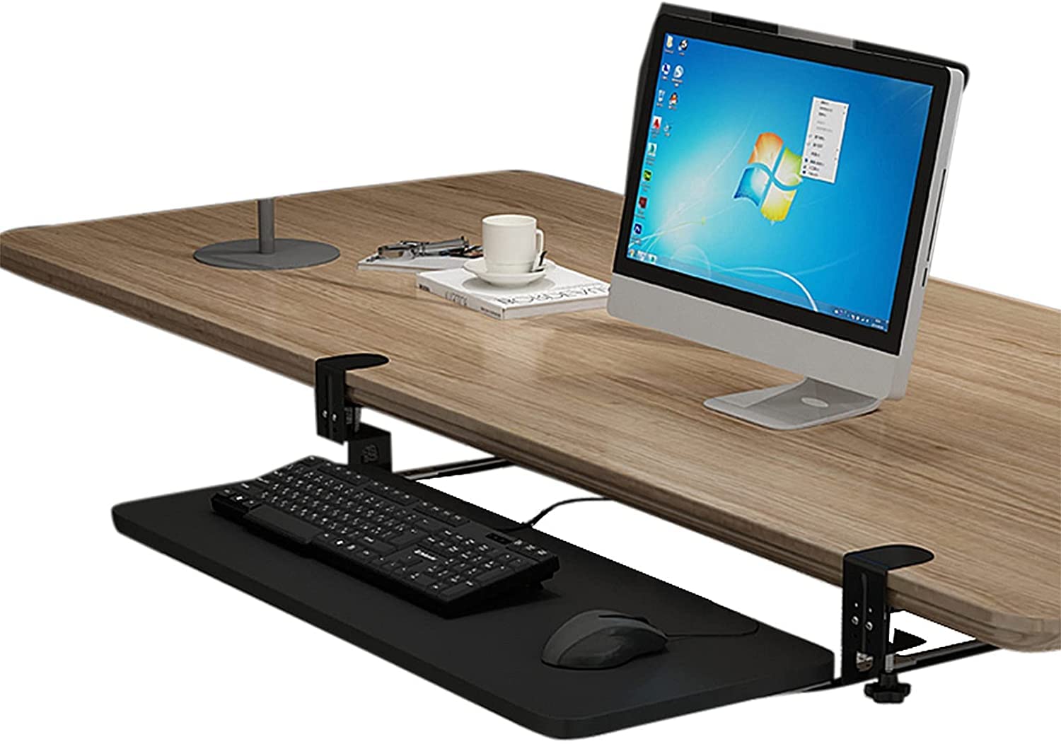 Keyboard Tray Stores Under Desk Sliding Keyboard Shelf Under Desk - Black Wooden Keyboard Tray for Home Office - Clamp-on - Sturdy and Easy to Install, Pull-Out Drawers Platforms
