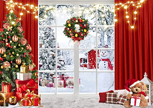 LTLYH Red Christmas Backdrop 8x6ft Winter Snow Window Christmas Photo Decorations Backdrop Christmas Party Banner Photoshoot Backdrops Xmas Photo Booth Props Background