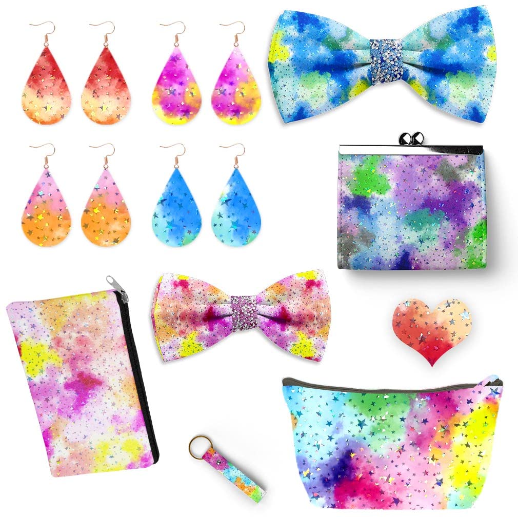 HYANG Holographic Rainbow Smudges Stars PU Faux Leather 1 Roll 12"X53"(30cmX135cm), Faux Leather Very Suitable for Crafts Making Leather Earrings, Bows, Handbag ，Sewing (Type 4)