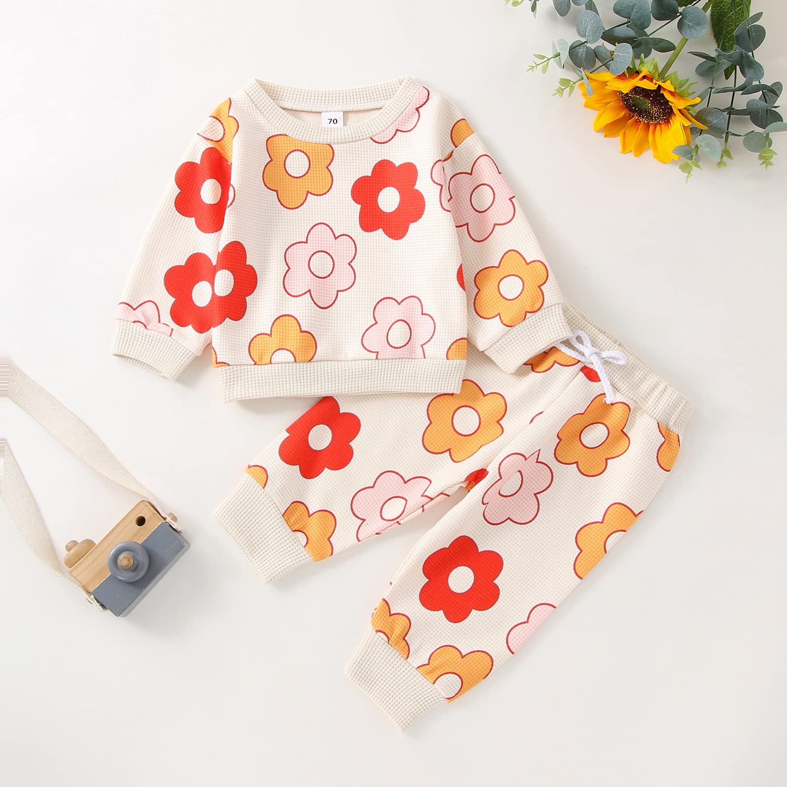 Newborn Infant Baby Girl Floral Clothes Set Long Sleeve Pull On Top Long Pants 2Pcs Fall Winter Outfits (Floral Set A,12-18 Months)