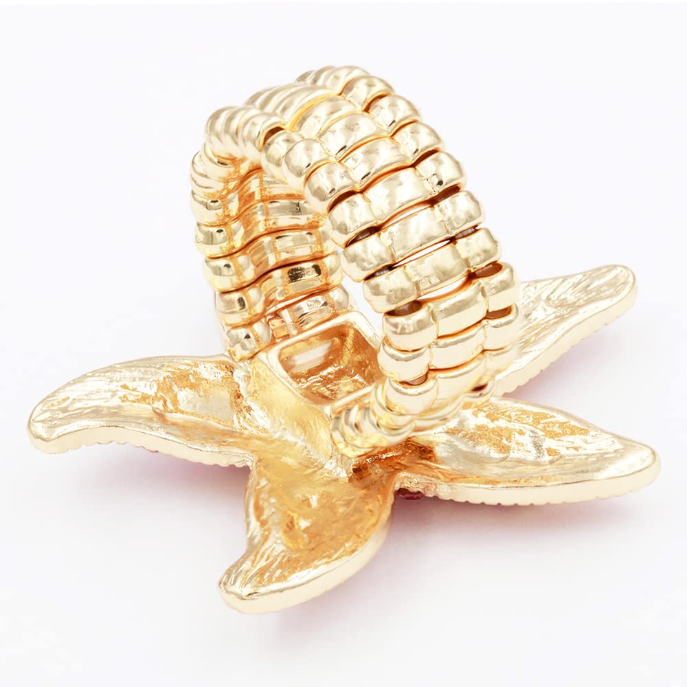 Lavencious Starfish Design Rhinestone Stretch Statement Ring for Women Size for 7-9(Silver Turquoise)