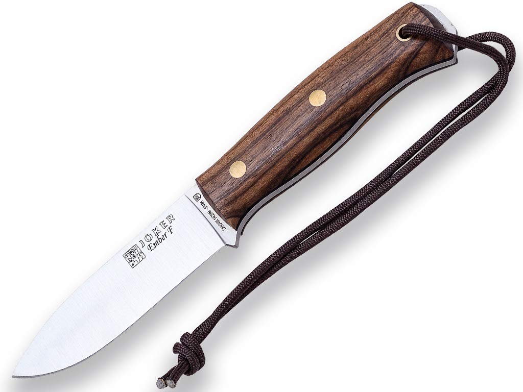 Joker Hunting Knife Ember F, CN123-P, 4.13 inches Blade, Walnut Wood Handle, Leather Sheath with Fire Starter, Sandvik Steel 14C28N, Tool for Fishing, Hunting, Camping and Hiking