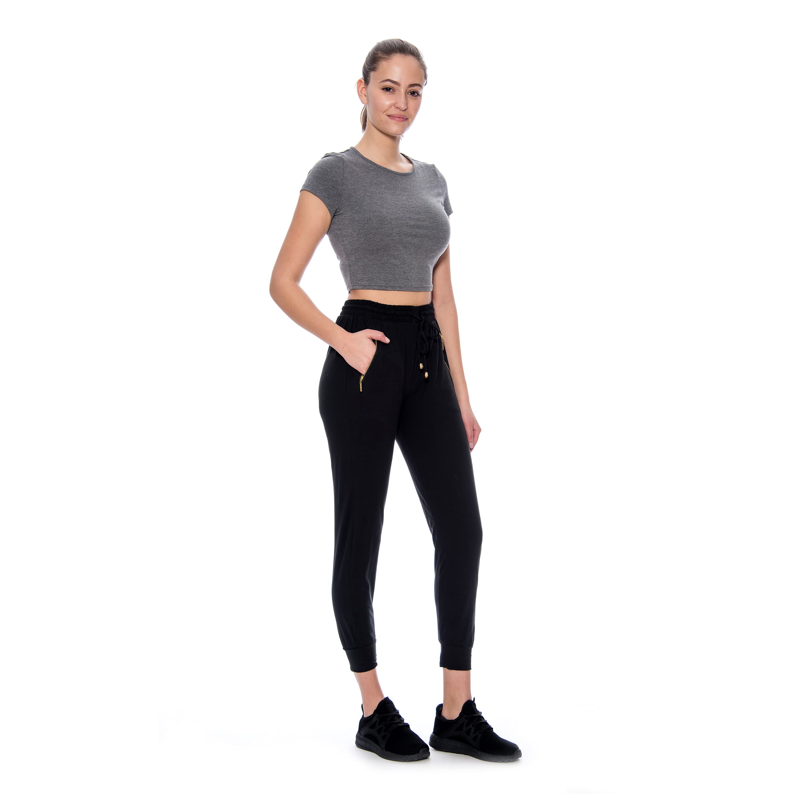 Indero Women's and Junior's Ultra Soft Active Joggers with Side Pocket Gold Zipper Relaxed Fit Sweatpants - Black S M