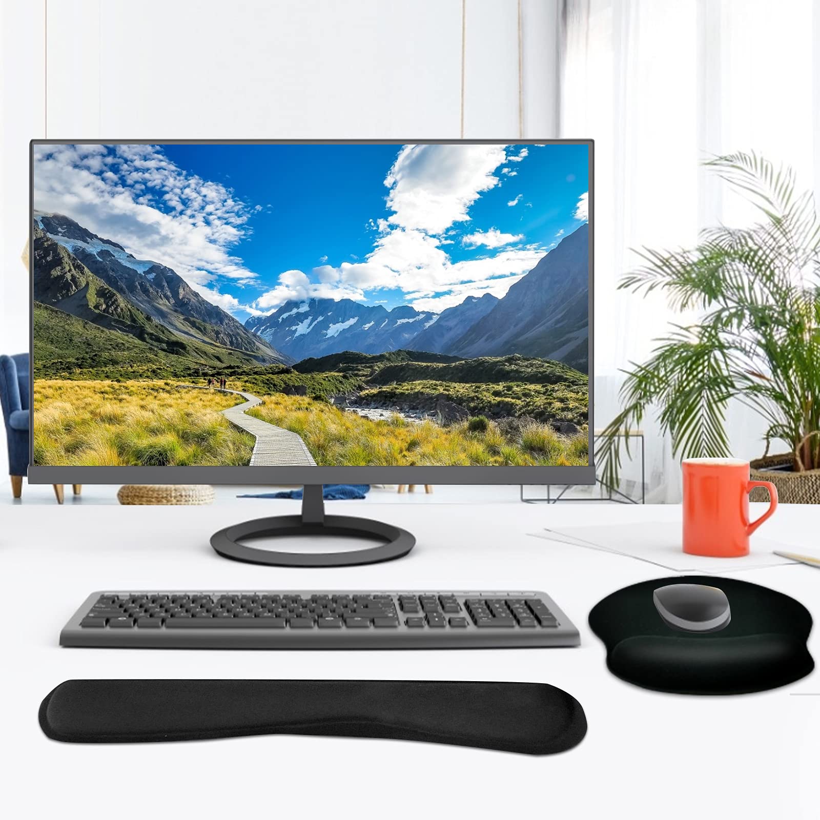 Keyboard Wrist Rest Mouse Pad Wrist Support Pads for Keyboard and Mouse, Ergonomic Memory Foam Wrist Pad for Pain Relief and Easy Typing, Arm Rest for Home & Office Laptop Computer, Black