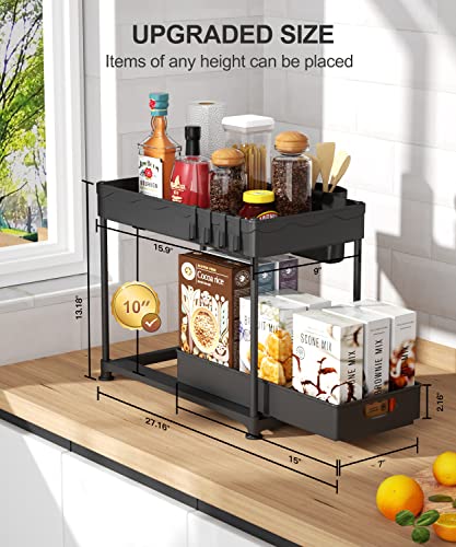 MERRYBOX Under Sink Organizers and Storage, Sliding Under Cabinet Bathroom Organizer, 2 Tier Kitchen Under Sink Shelf Organizer Pull Out Drawer with Hooks, Hanging Cup, Non-Slip Feet, Black, 1 Pack
