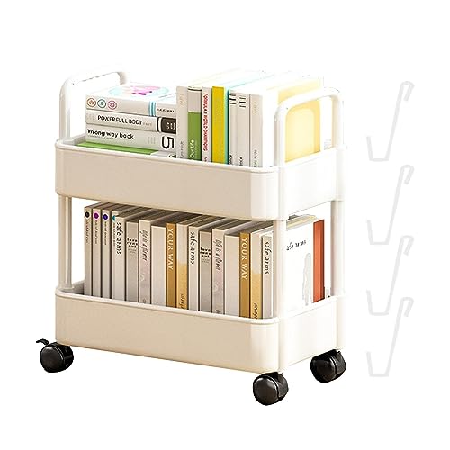Jextou Rolling Book cart, 37x25x43.5cm Movable Bookshelf Cart, Mobile Book Cart Organizer, 2 Tier Bookshelf, Cart Rolling Storage Organizer for Office Home Kitchen
