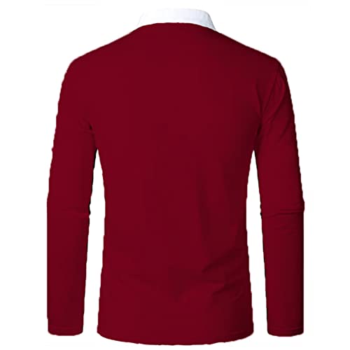 Men's Long Sleeve Polo Shirts Casual Zipper Pullover Shirts Contrast Color Patchwork Golf Collared Tee Tops