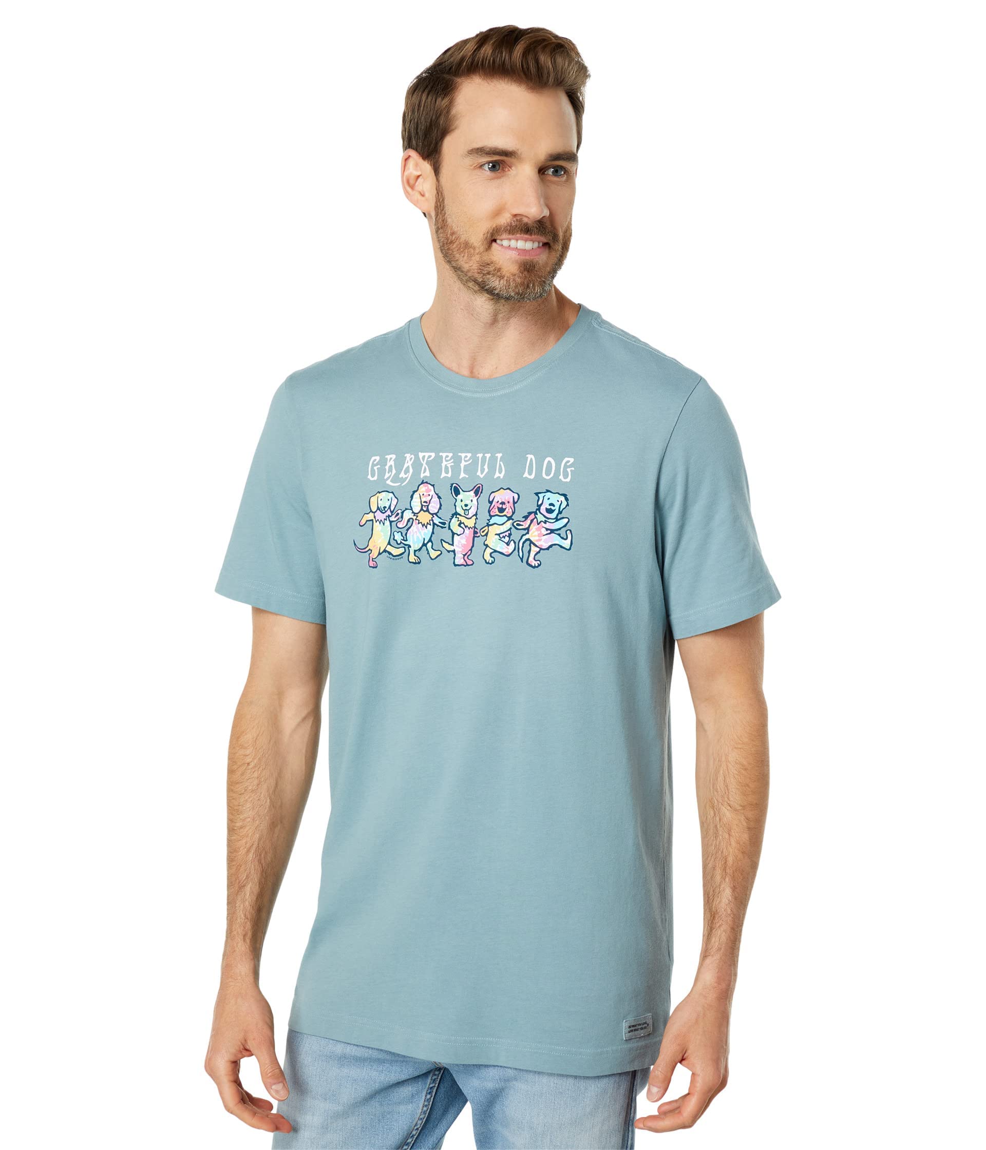 Life is Good. Men's Tie Dye Grateful Dog Crusher Tee, Smoky Blue, Mediuim