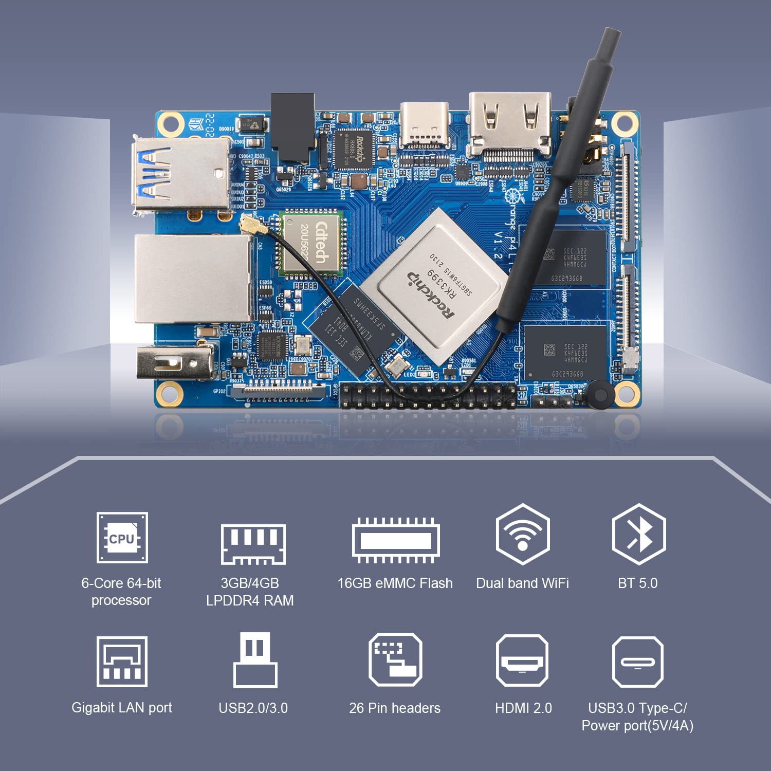 Orange Pi 4 LTS 4GB+16GB Rockchip RK3399 6 Core ARMR 64 Bit Single Board Computer with 16GB eMMC, Dual WiFi+BT 5.0,Open Source Support for Android,Ubuntu,Debian OS(4GB+Case+Power Supply)