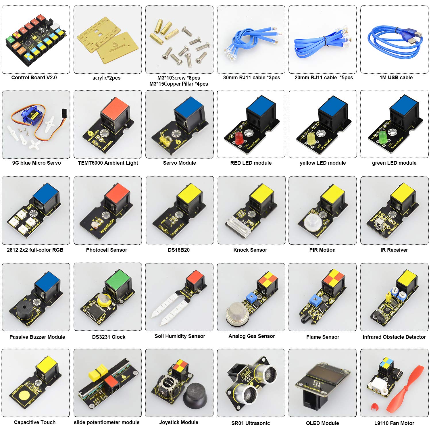 KEYESTUDIO Starter Kit V2 for Arduino with RJ11 Connector, Great STEM Education Kit for Students, Teachers and Hardware Enthusiast