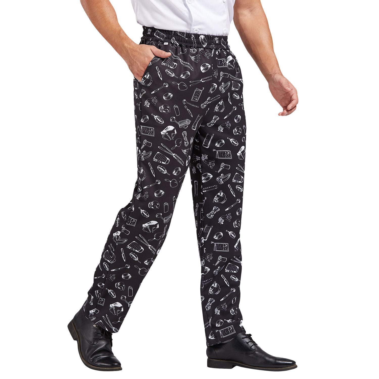 Nanxson Men's Baggy Chef Pants, Printed Work Pants with Elastic Waist Restaurant Kitchen Uniforms CFM2013 (Printed, Large)