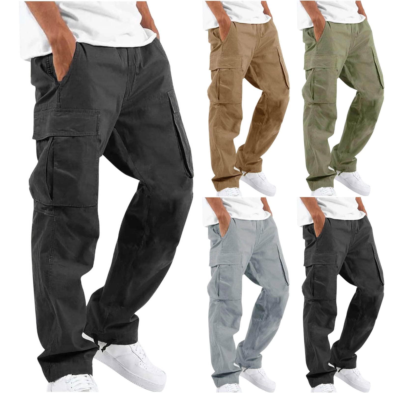 Mens Cargo Pants Plus Size Casual Outdoor Gym Pants with Pockets Solid Color Drawstring Trousers Streetwear