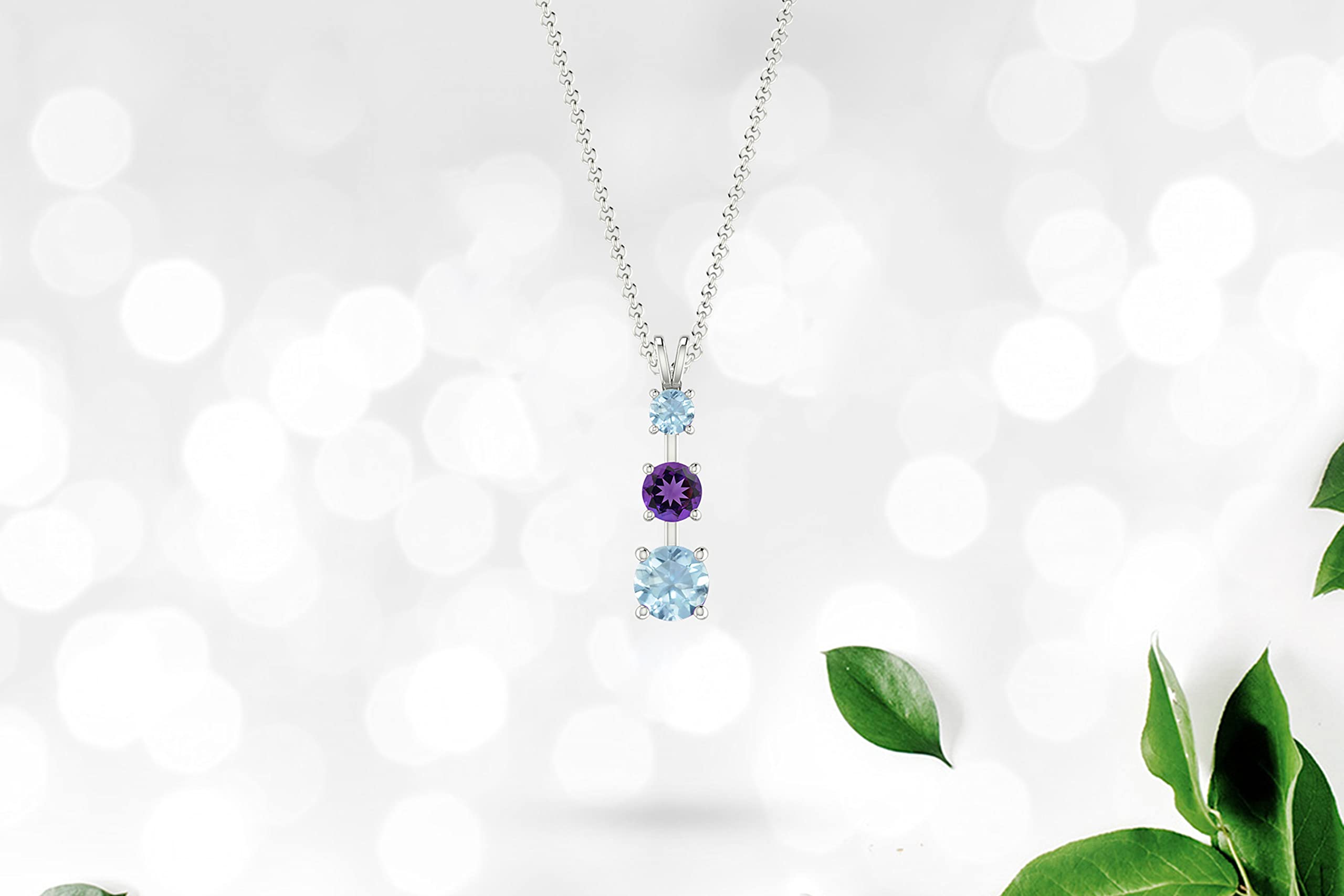 Mirahi 4mm Round Cut Amethyst Anniversary Pendant, 3 Stone Pendant For Her, 14k Solid White Gold V-Shape Pendant Necklace, Amethyst & Aquamarine Natural Gemstone Anniversary Pendant