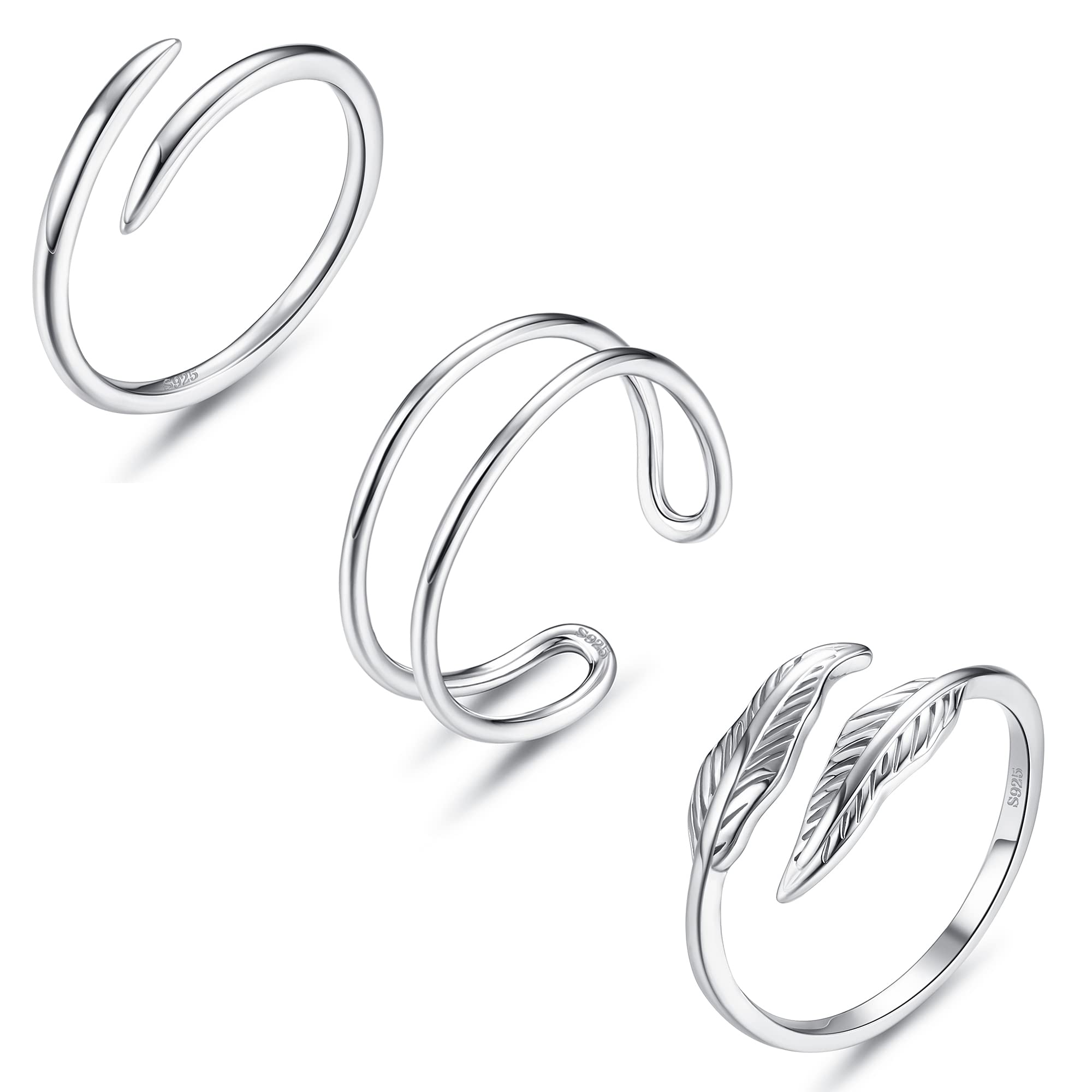 MILACOLATO 925 Sterling Silver Rings Set 18K White Gold Plated Two Row Feather Twist Eternity Band Rings Open Adjustable Stackable Knuckle Pinky Rings for Women
