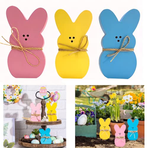 XUNWKONGG 3Pcs Wooden Easter Bunny Decor, Rabbit Wooden Sign for Easter Table Decorations, Wooden Table Centerpieces with Jute Rope for Home Spring Party Supplies Farmhouse Decor