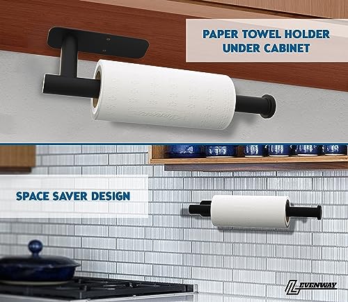 LEVENWAY- Under Cabinet Paper Towel Holder – Available in Screws and Self Adhesive Paper Towel Hanger Sturdy and Durable, Stainless Steel Polished Kitchen Roll Holder Wall Mount (Black)