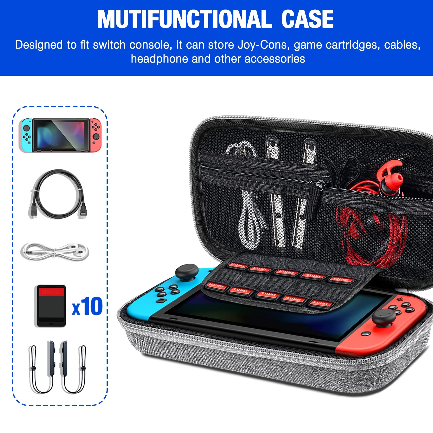 Kawaye Switch Case Compatible with Nintendo Switch, Switch Carrying Case with with 10 Games Slots, Portable Travel Hard Shell Switch Case for Game Storage Accessories, Gray