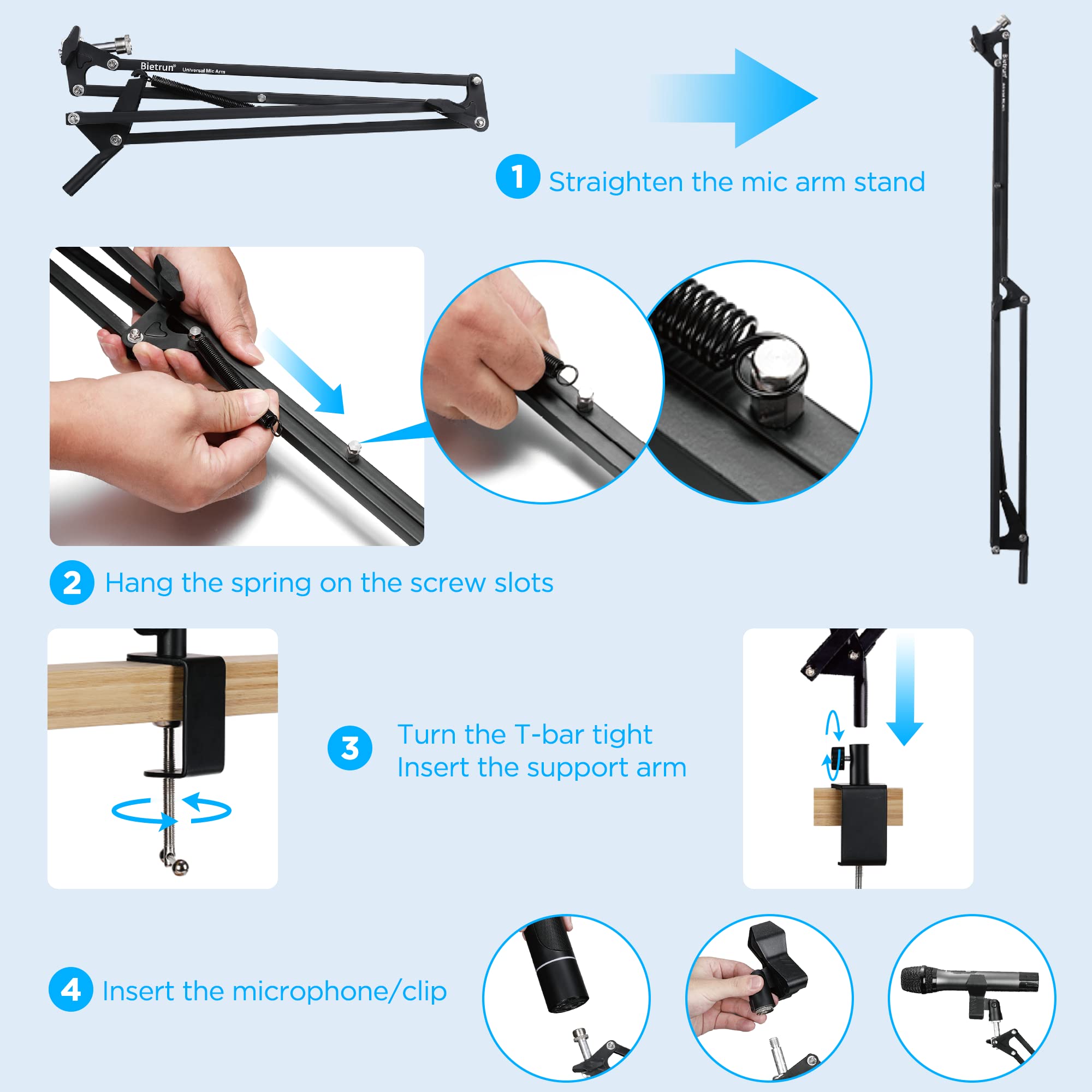 Mic Arm Desk Mount for HyperX QuadCast,Blue Yeti,Shure Sm7b,Boom Arm Mic Stand 360°Rotable with 3/8" to 5/8" Adapter,Mic Clip,2.5" Clamp for Handheld Mics,Podcast,Gaming,Recording,Large