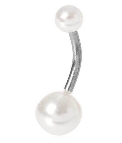 PAIR CLASSIC WHITE FRESHWATER PEARL 316L STEEL BELLY BUTTON BARBELL NAVEL RING Style 88888-1201