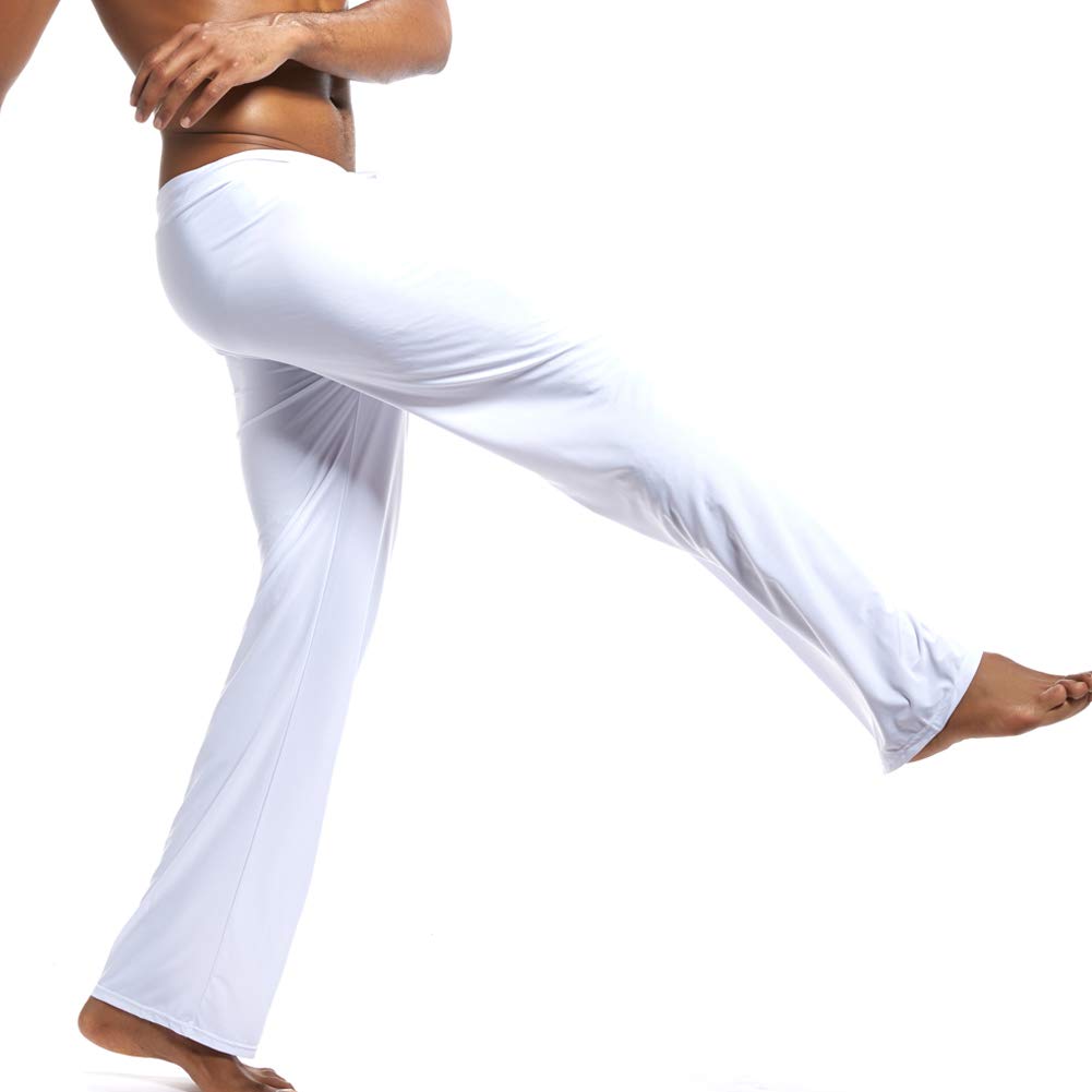K-Men Mens White Pajama Pants Low Rise Long Yoga Pants Casual Sleep Bottoms M