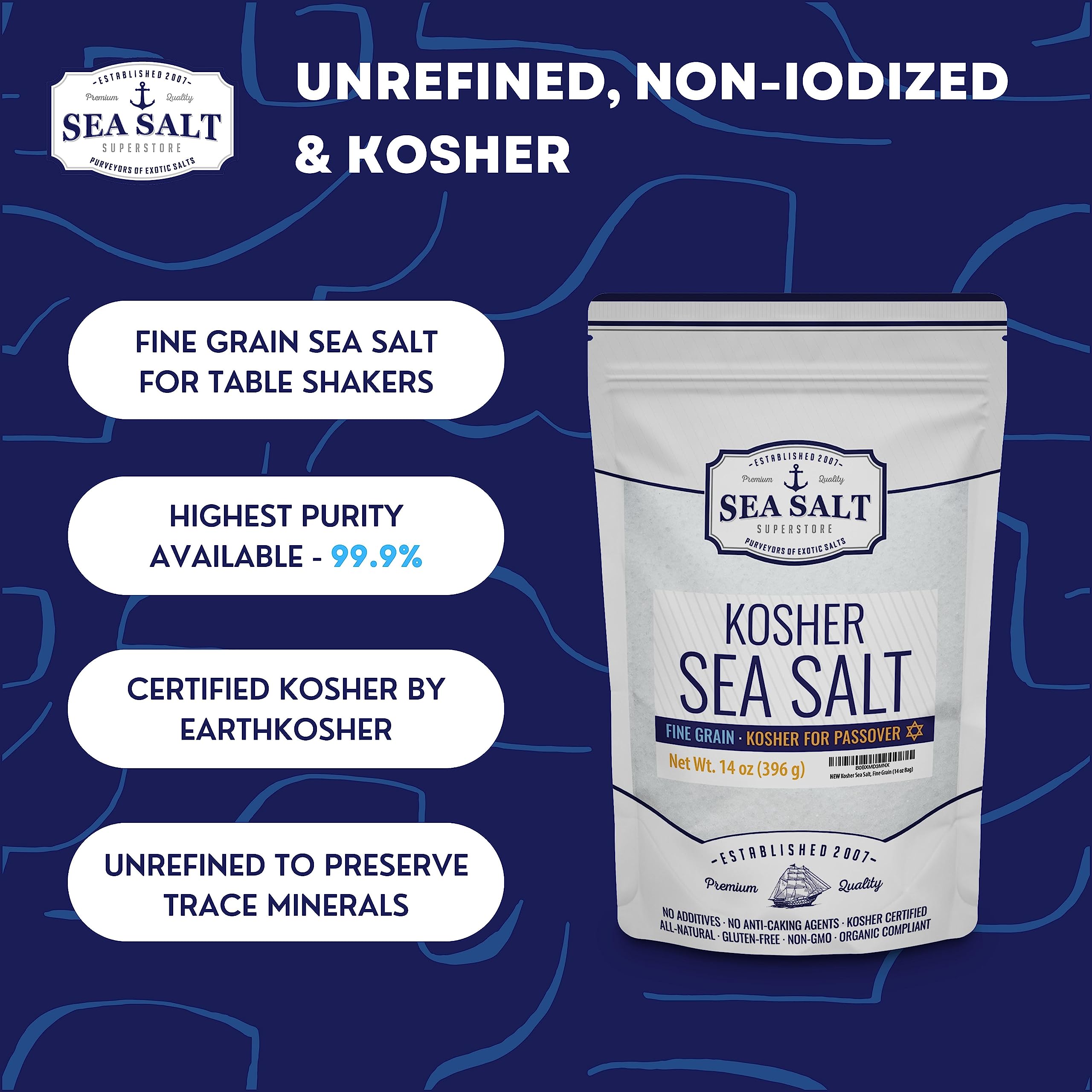 Kosher Sea Salt, Fine Grain Kosher Salt, Replacement for Table Salt, Non-Iodized, All-Natural, No Additives (14 oz Bag) - Sea Salt Superstore