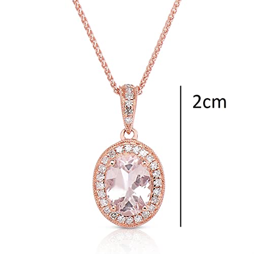 KOKAV 925 Sterling Silver Rose Gold Plated Genuine Morganite Oval Diamond Pendant Necklace