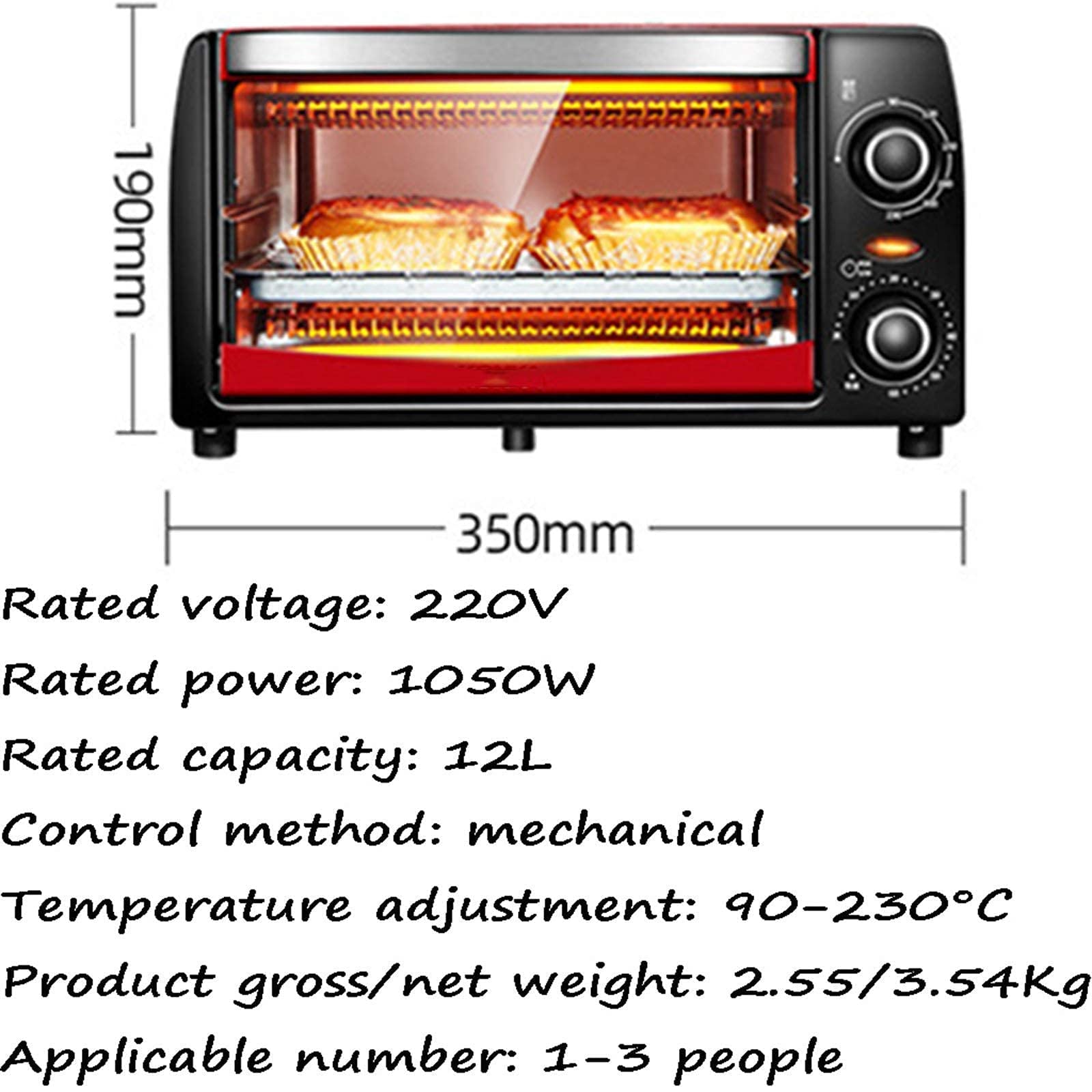 Household Intelligent 12L Electric Oven,Multifunctional Large Capacity Chicken Oven Microwave Oven with Bakeware Pizza Baking Mini Oven Red (Red) (Red)