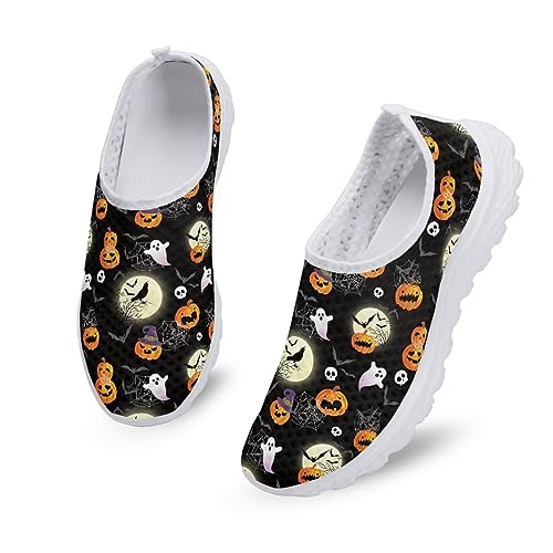INSTANTARTS Halloween Witch Pumpkin Womens Athletic Water Shoes Slip-on Quick Dry Running Sneakers Scary Spider Web Ghost Skull Aqua Water Shoes