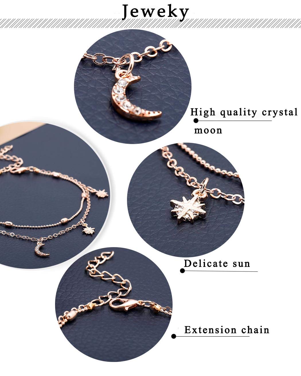 Jeweky Boho Three Layered Beaded Ankle Bracelets Gold Moon Summer Beach Anklet Chain for Women