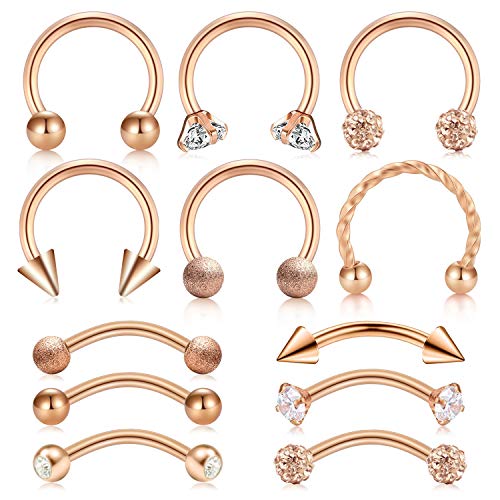 JFORYOU 12pcs Stainless Steel Rook Daith Tragus Earrings Belly Lip Ring Eyebrow Studs Cartilage Helix Cubic Zirconia Barbell Body Piercing