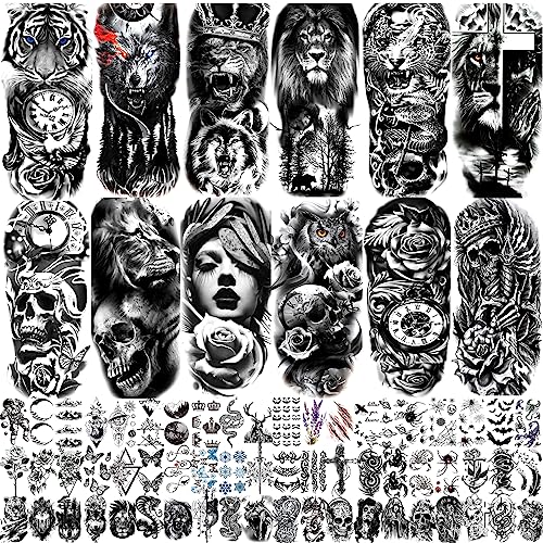 JEEFONNA 72 Sheets Temporary Tattoo for Men Women Adults, Include 12 Sheets Large Black 3D Realistic Tattoos Half Sleeve Temporary Tattoos, Include Black Scary Lion Wolf Tiger Skull Fake Tattoos …