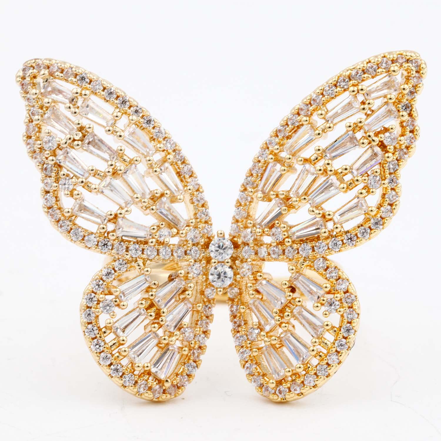 Lavencious Art Cocktail Butterfly Fashion Ring Size Adjustable from 6-8.5 Cubic Zirconia Jewelry for Women (Gold - Clear)