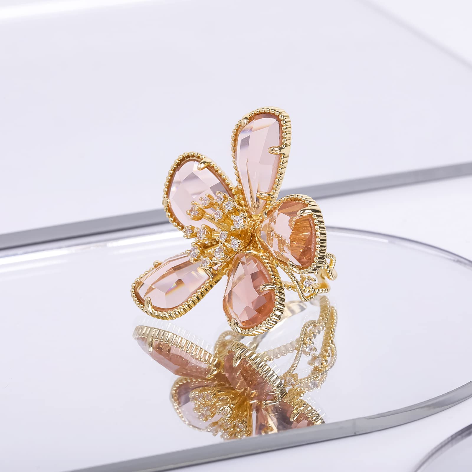 MACENT Flower Crystal Rings for Women,Crystal Petal Ring,Size Adjustable Ring Gift for Women Girl(Pink)