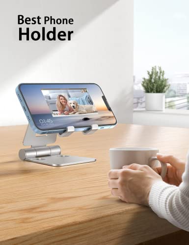 xwyebo Dual Folding Cell Phone StandPortable Aluminum Phone Holder,Adjustable Phone Dock Cradle Compatible, Fully Adjustable Foldable Desktop Phone Holder with iPhone 14/13/12/11 Pro Max(Silver)