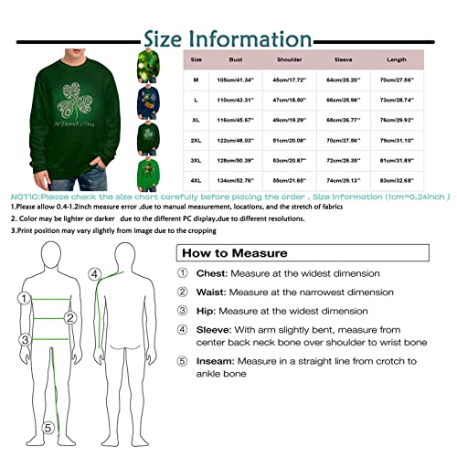 Mens Tops St. Patrick's Day Graphic Green Top Crew Neck Long Sleeve Tee Shirt Holiday Workout Sweatshirts for Men