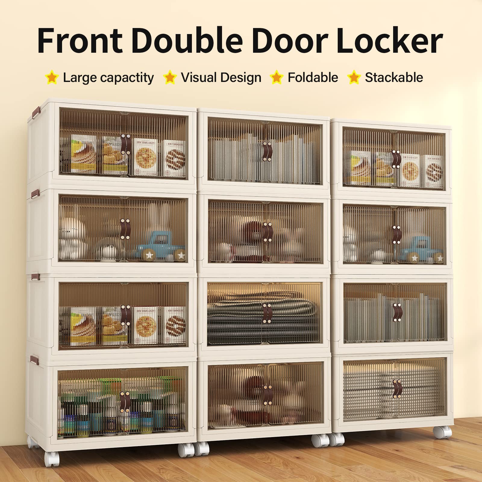 KHNR Storage Bins with Lids,48 Quart Collapsible Storage Bins,3 Pack Large Plastic Storage Bins,Closet Organizers and Storage,Double Doors Stackable Storage Bins with Wheel for Home