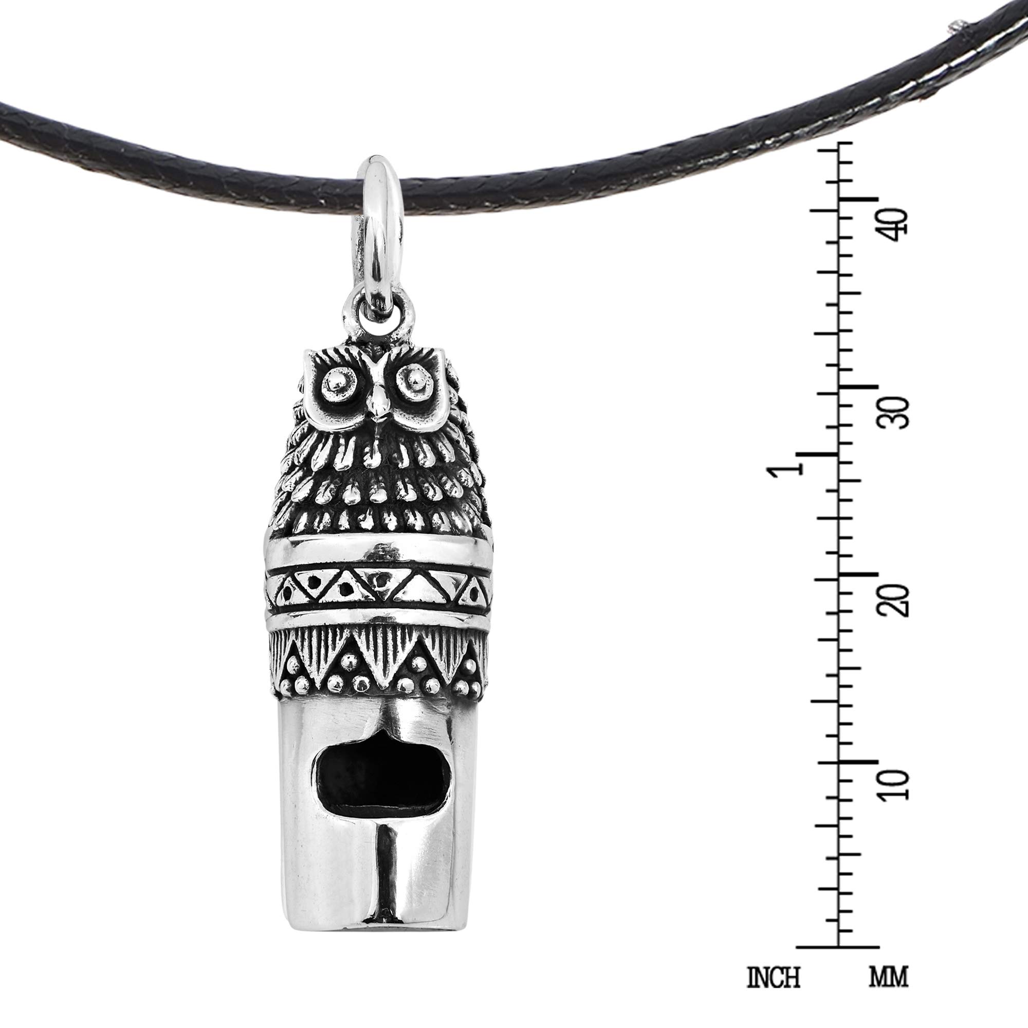 Intricate Detailed 3D Owl Whistle .925 Sterling Silver Pendant Rubber Necklace