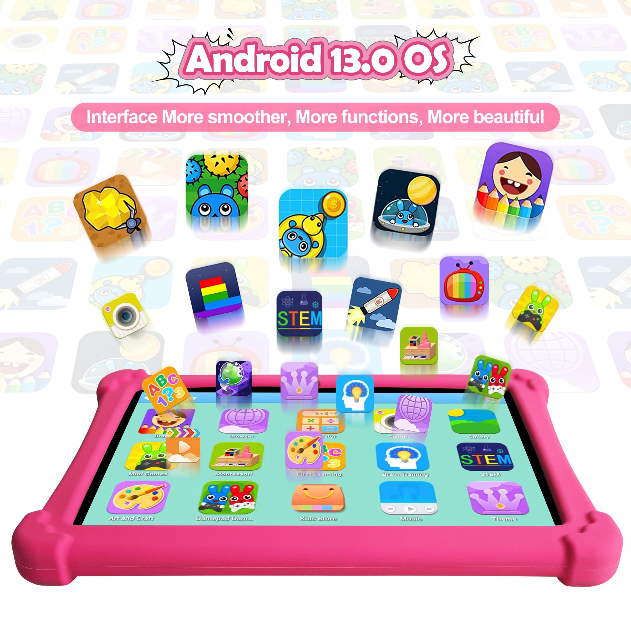 Kids Tablet, 10 Inch Tablet for Kids, IPS HD Display 1280 X 800 Android13 Toddler Tablet,Iwawa Kids Space Pre-Installed Parental Control Mode, Dual Camera, Google Services,6-12,Color Pink