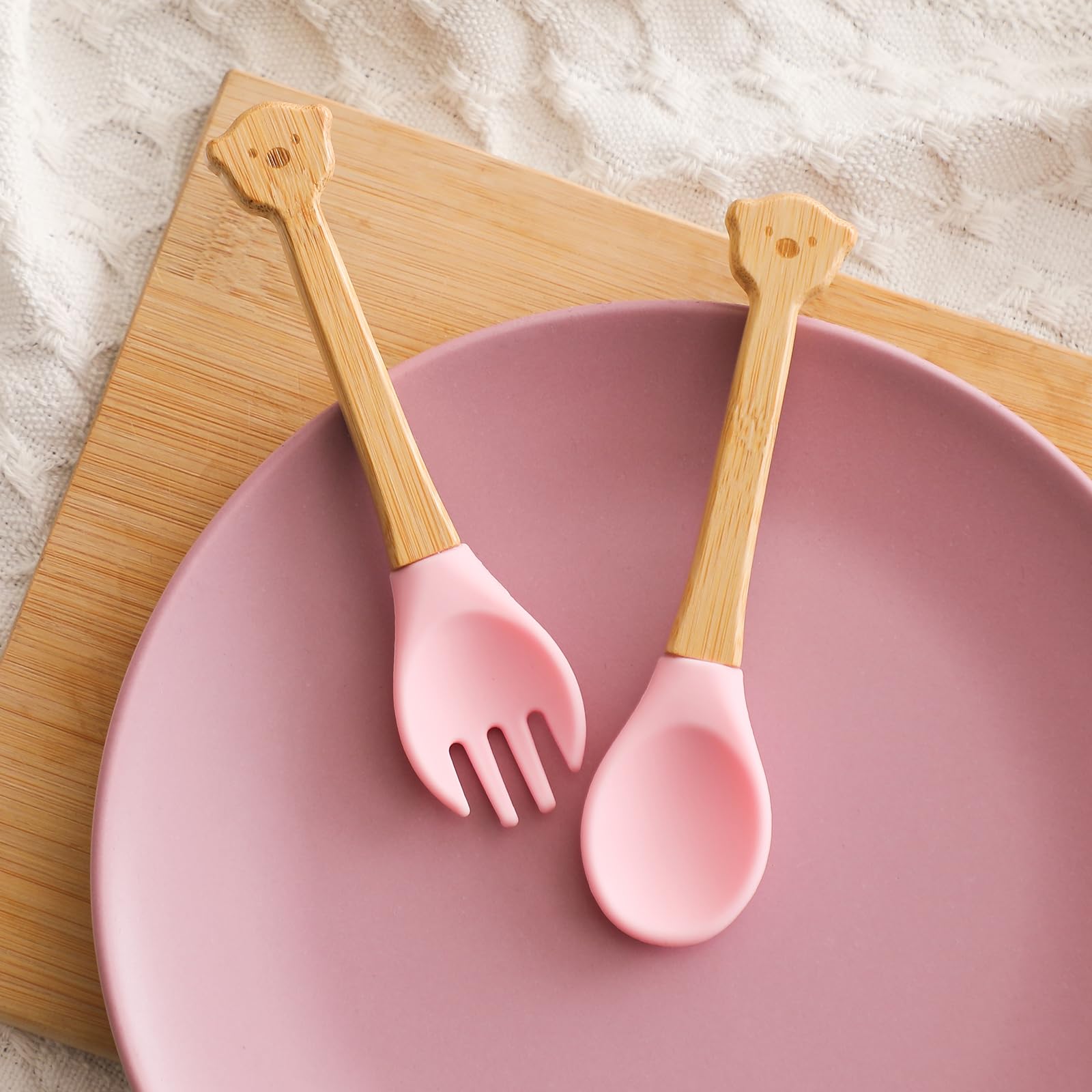 Mamimami Home Baby Feeding Spoon, Bamboo Wood and Silicone Baby Fork and Spoon - Soft Curved Silicone Tip Spoons - Suitable for Baby and Toddlers Forked Spoone (Pink Bear)