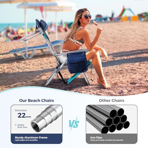 LET'S CAMP Backpack Beach Chair Set of 2, 4-Position Classic Lay Flat, Pillow and Padded Shoulder Straps, Storage Pouch and Towel Bar, Support 250LBS, Wave
