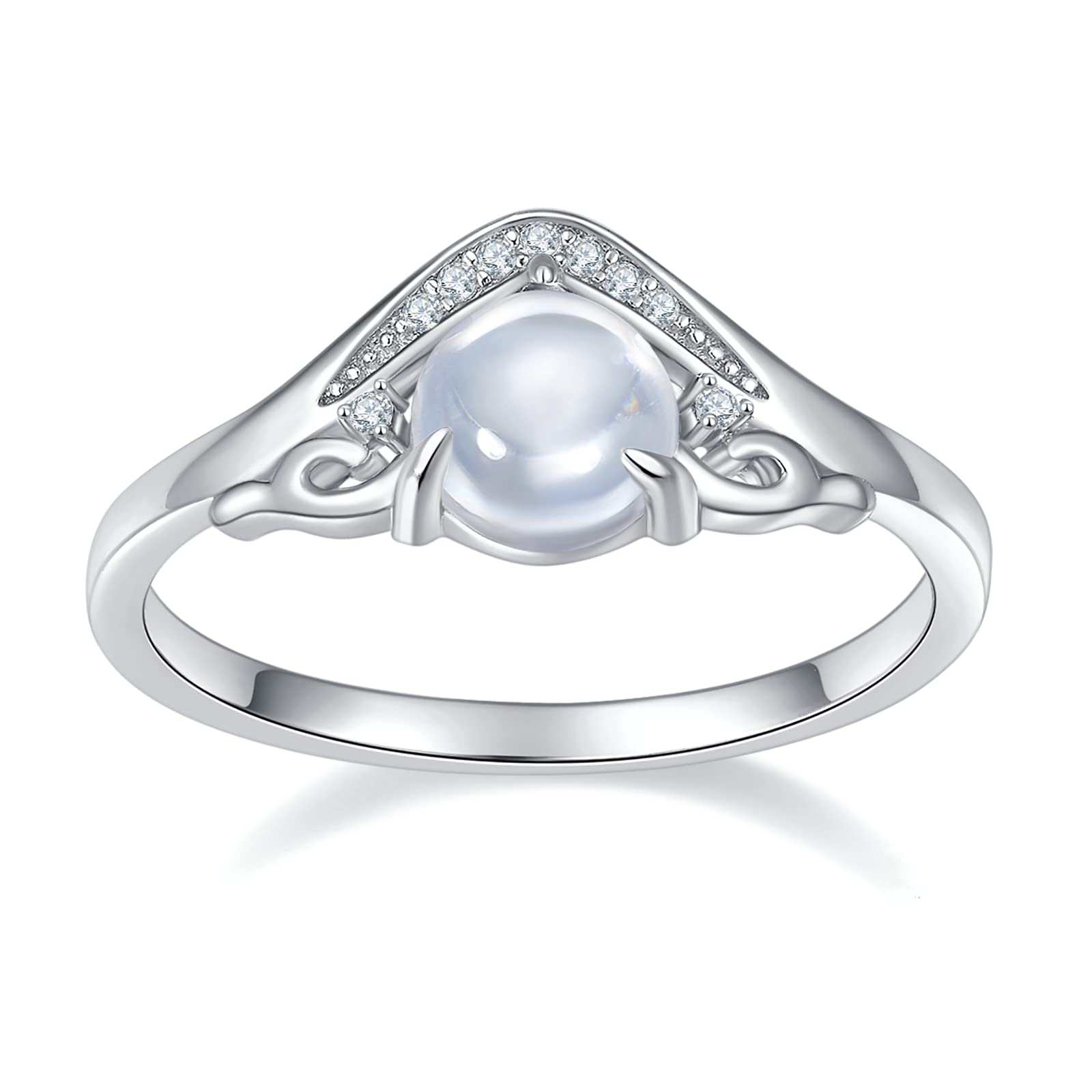 MINDDHA 925 Sterling Silver Rings - 8mm Natural Round Moonstone with CZ - Stylish Sterling Silver Rings for Gifting - Promise Ring - Chevron Silver Band Ring, 1.5mm Size 8